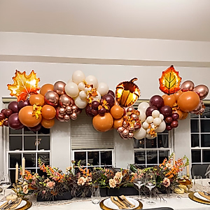 ECEAE 123Pcs Fall Balloon Garland Arch Kit, Burgundy, Orange, Nude, Metallic Rose Gold Balloons with Leaf Chestnut Balloons, for Autumn Thanksgiving Balloon Arch, Baby Shower Party Decorations