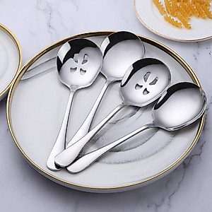 Meiishaaa Meisha Serving Spoons Set, 3 Serving Spoons and 3 Slotted Serving Spoons, Silver Stainless Steel Serving Utensils for Buffet Can Banquet Cooking Kitchen - Mirror Polished