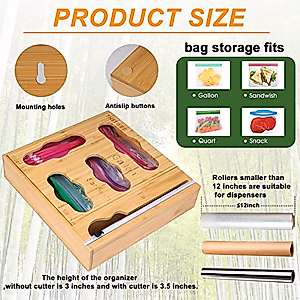 【2022-NEW】TBSTBIEE Ziplock Bag Organizer with Foil and Plastic Wrap Organizer, 5 in 1 Bamboo Baggie Organizer Wrap Dispenser for Gallon, Quart, Sandwich, Snack, Plastic Wrap, and Aluminum Foil