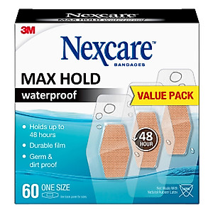 Nexcare Max Hold Waterproof Bandages, Stays On for 48 Hours, Flexible Bandages for Fingers, Knees and Heels - 60 Pack Clear Waterproof Bandages, 60 count (Pack of 1)