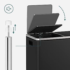 SONGMICS Dual Trash Can, 16 Gal (60L) Rubbish Bin and 15 Trash Bags, Metal Step Bin, with Dual Compartments, Plastic Inner Buckets and Hinged Lids, Airtight, Black ULTB60BK