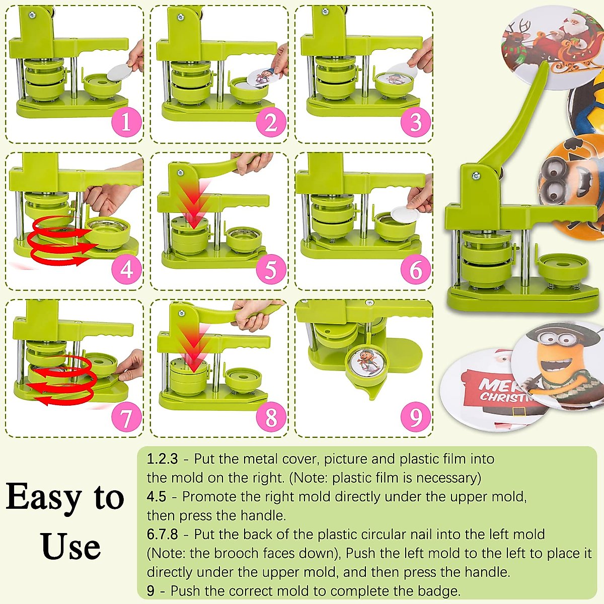 Button Maker Machine Pin Press Machine, Button Badge Maker Machine 58mm (2.25in), Installation-Free Pin Badge Making Machine with 100 pcs Button Making Supplies & Circle Cutter