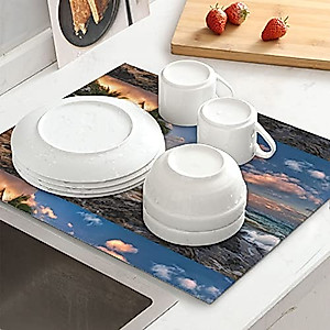 Palm Trees Clouds Tropical Coast Printed Drying Mat For Kitchen Ultra Absorbent Microfiber Dishes Drainer Mats Non-Slip Silicone Quick Dry Pad - 18 X 16inch