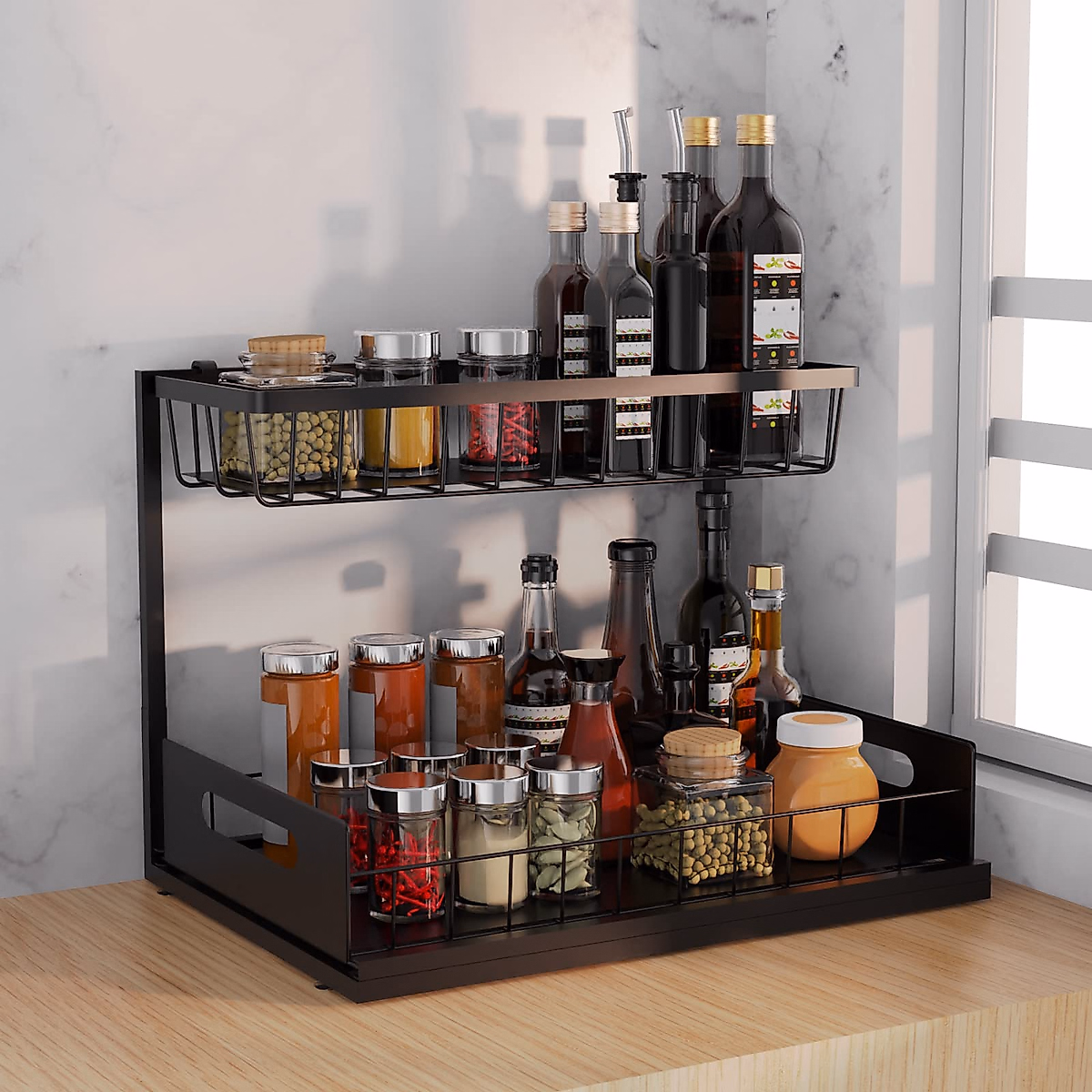 SUTINE Under Sink Organizer, 2 Tier L-Shape Bathroom Organizer Under Sink Organizers and Storage, Sliding Under Cabinet Organizer Storage Shelf for Kitchen Bathroom, Black