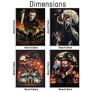 4 Pack Halloween Paint by Numbers for Adults,Terror Acrylic Oil Painting Kits,Horror Paint by Number Kits on Canvas, DIY Oil Paintings Supplies for Kids Beginners Arts and Crafts Home Decor 12" x 16"