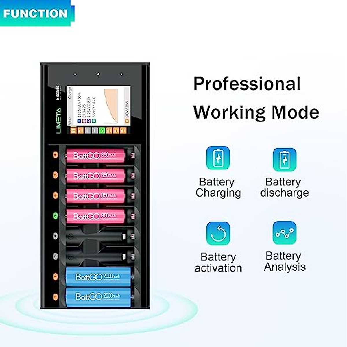 LIMETA 8 Bay AA AAA Battery Charger, LCD Display USB Fast Charging, Discharg Function, Over-Charge Protection for Household Rechargeable Batteries LiHv Ni-MH Ni-Cd LiFePO4 Li-ion