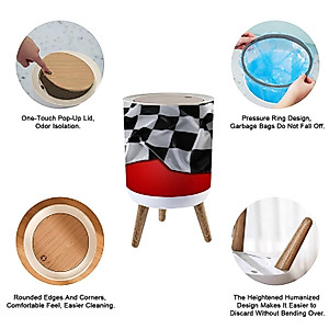 SHL96PZGX Small Trash Can with Lid Checkered Flag on red with Wood Legs Wastebasket Round Garbage Bin for Kitchen, Bathroom, 1.8 Gallon - 7L