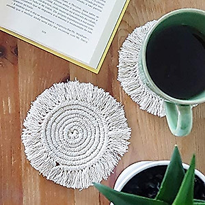 Hygge & Cwtch Handcrafted Macrame Coasters Set of 4 - Handmade Cotton Rope Woven Macrame Coaster with Tassel | Boho Home Decor Mugs and Cups Pads for Drinks, Wine Glass Table Countertop Office