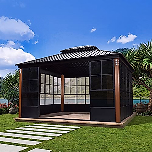 PURPLE LEAF 12' X 14' Patio Hardtop Gazebo Double Top Outdoor Screen House Aluminum Solarium Backyard Sun Room with LED Lights