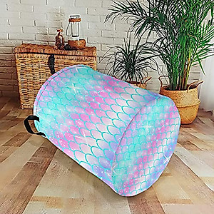Mermaid Scale Stars Laundry Basket Waterproof Dirty Clothes Hamper Collapsible Toys Storage Bins with Handle for College Dorm Bathroom