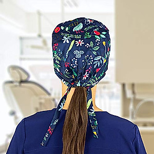 Working Cap with Button and Sweatband Adjustable Tie Back Bouffant Hats Printed Multi Color for Woman Man