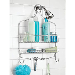 mDesign Metal Wire Tub & Shower Caddy, Hanging Storage Organizer Center with Built-In Hooks and Baskets on 2 Levels for Shampoo, Body Wash, Loofahs - Chrome