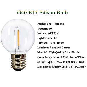 G40 Globe Replacement Bulbs C9/E17 Intermediate Base 1W G40 Shatterproof Waterproof Clear Plastic LED Filament Bulb Warm White 2700K Outdoor String Replacement Light for Yard Garden Patio(15 Pack)