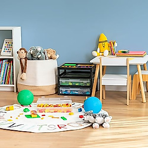 IRIS USA Fits 12" x 12" Paper, 3-Tier Scrapbook Storage Unit with Organizer Top, for Lego Papers Tools Office Art and Craft Supplies, Desktop Organizer, Built in Handle, Black/Clear