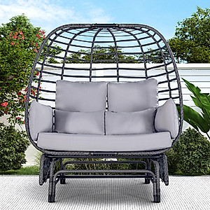 Outdoor Double Egg Chair Patio Chairs - 500lbs Capacity for 2 Person, Oversized Wicker Rocking Glider Chair with Steel Stand, Hand-Woven Lounge Chair Nest Loveseat for Indoor, Porch, Backyard, Balcony