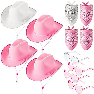 4 Sets Cowboy Hats with Bandana for Halloween Cosplay Costume Cowgirl Hat for Wedding Bride Bridesmaid Men Women, Pink, White