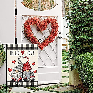 AVOIN colorlife Hello Love Valentine's Day Gnome Garden Flag 12x18 Inch Outside Double Sided, Buffalo Plaid Rustic Farmhouse Yard Outdoor Decoration