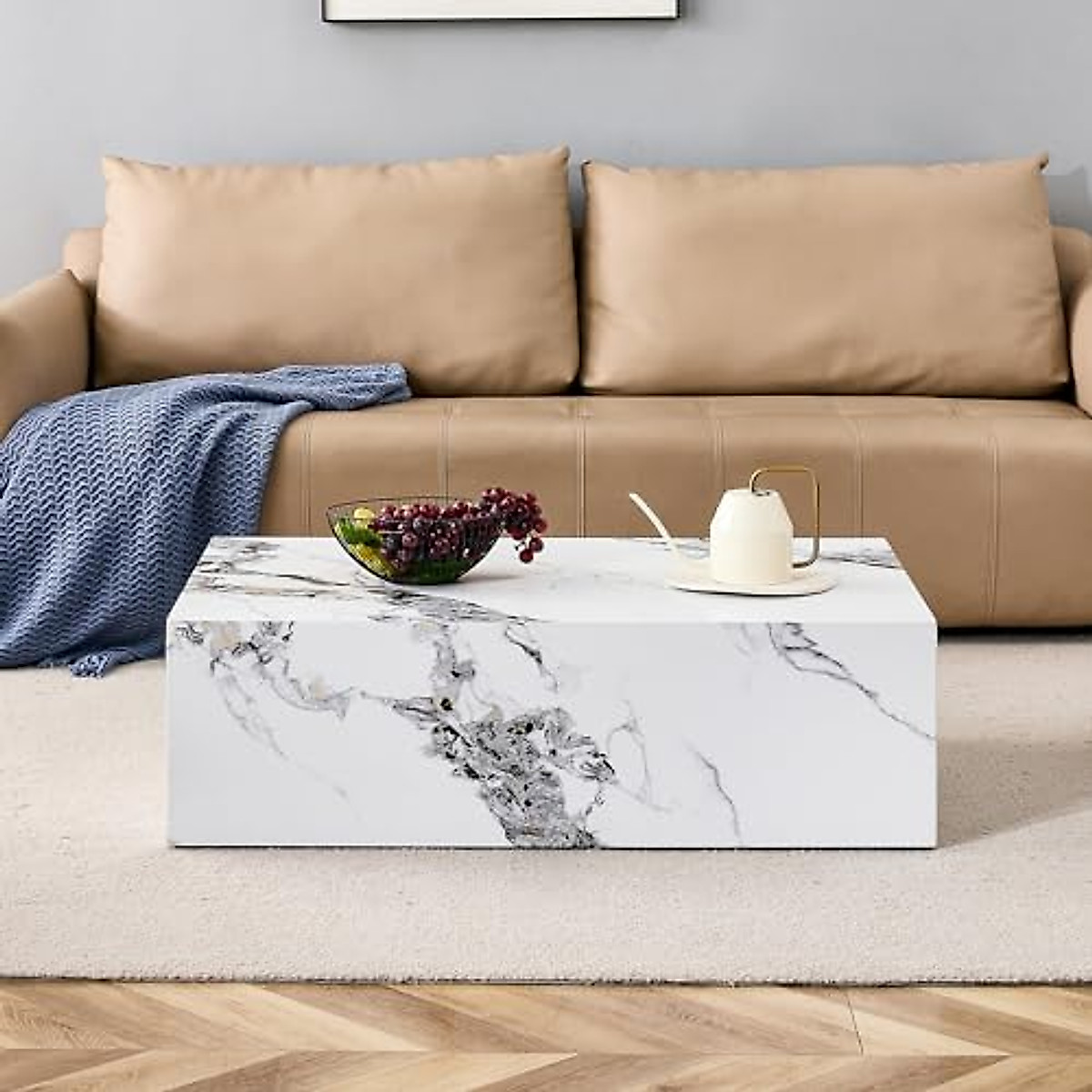 Maotifeys White Marble Coffee Table for Living Room Rectangular Faux Marble Center Table Modern Elegant Wooden Cocktail Table for Home Office -Fully Assembled
