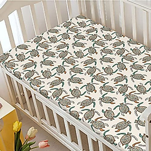 Retro Themed Fitted Mini Crib Sheets,Portable Mini Crib Sheets Soft Toddler Mattress Sheet Fitted-Crib Mattress Sheet or Toddler Bed Sheet,24“ x38“,Dark Peach Seafoam