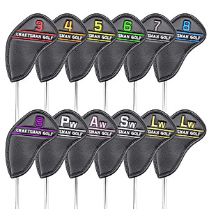 CRAFTSMAN GOLF Left Handed 12pcs Black Synthetic Leather Golf Iron Head Covers Set Headcover with Colorful Number Embroideried,Easily get The Needed Iron for Callaway Ping Taylormade Cobra Etc.
