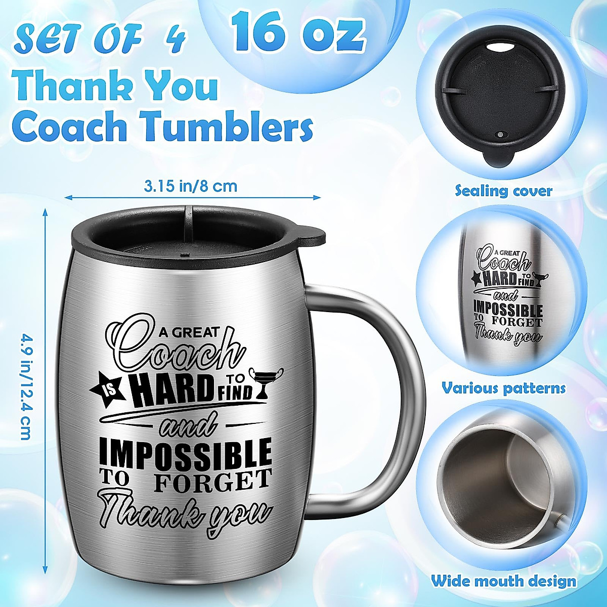 Vesici 4 Pcs Coach Appreciation Gifts 16 oz Insulated Travel Coach Mug Stainless Steel Coffee Tumbler Double Wall Cup for Men Women Soccer Football Basketball Thank You Gifts(Silver)