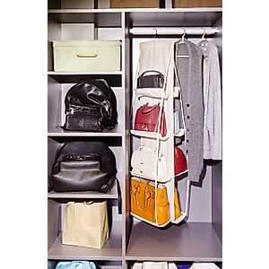 Amelitory Hanging Handbags Holder for Closet 4 Shelf Purse Bags Storage 8 Compartment Dust-Proof Organizer Beige