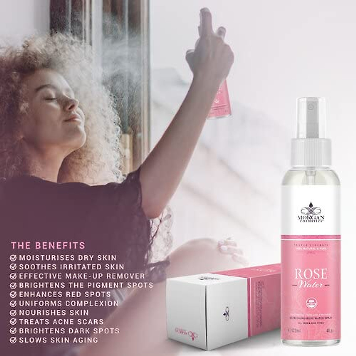 Morgan Cosmetics Organic Rose Water Spray for Face - Rose Water Spray Natural - 100% Rose Water - rosewater facial toner 4 Oz