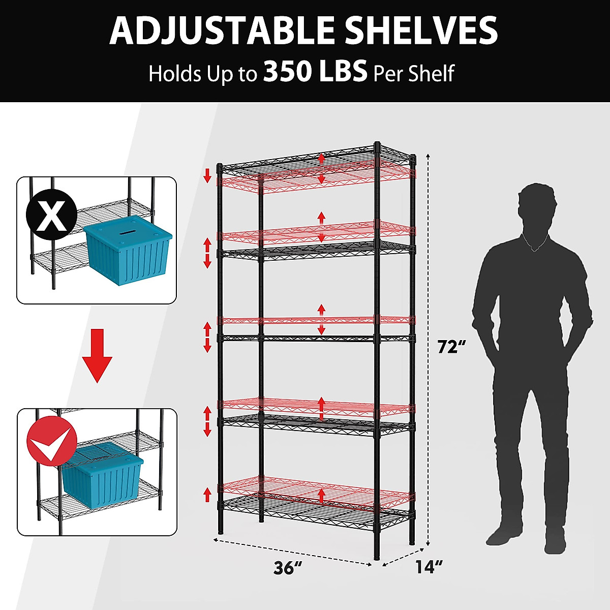 WORKPRO 5-Tier Wire Shelving Unit, 36”W x 14”D x 72”H Metal Storage Shelves Rack, Heavy Duty Utility Shelving, 1750 LBS Load Capacity (Total), Kitchen, Living Room, Basement, Garage