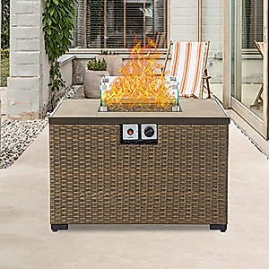 Kinsunny 32 inch Propane Fire Pit - Outdoor Patio Square PE Rattan Wicker Gas Fire Table(40,000 BTU),with Free Lava Rocks & Glass Wind Guard for Garden, Lawn