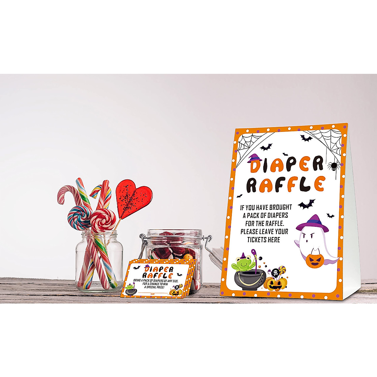 Halloween Diaper Raffle Game Sign and Card, Halloween Baby Shower Party Game Set, 1 Sign With 50 Raffle Tickets –LK-013