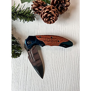 Personalized POCKET KNIFE Engraved Wood Folding Knive Stainless Steel l Standard Edge 5" Blade Wood Handle With Ultra-Secure & Comfortable Belt Clip Custom Gifts for Him Men Dad Boyfriend Father Husband Anniversary Groomsmen (Knife NOT Engraved)