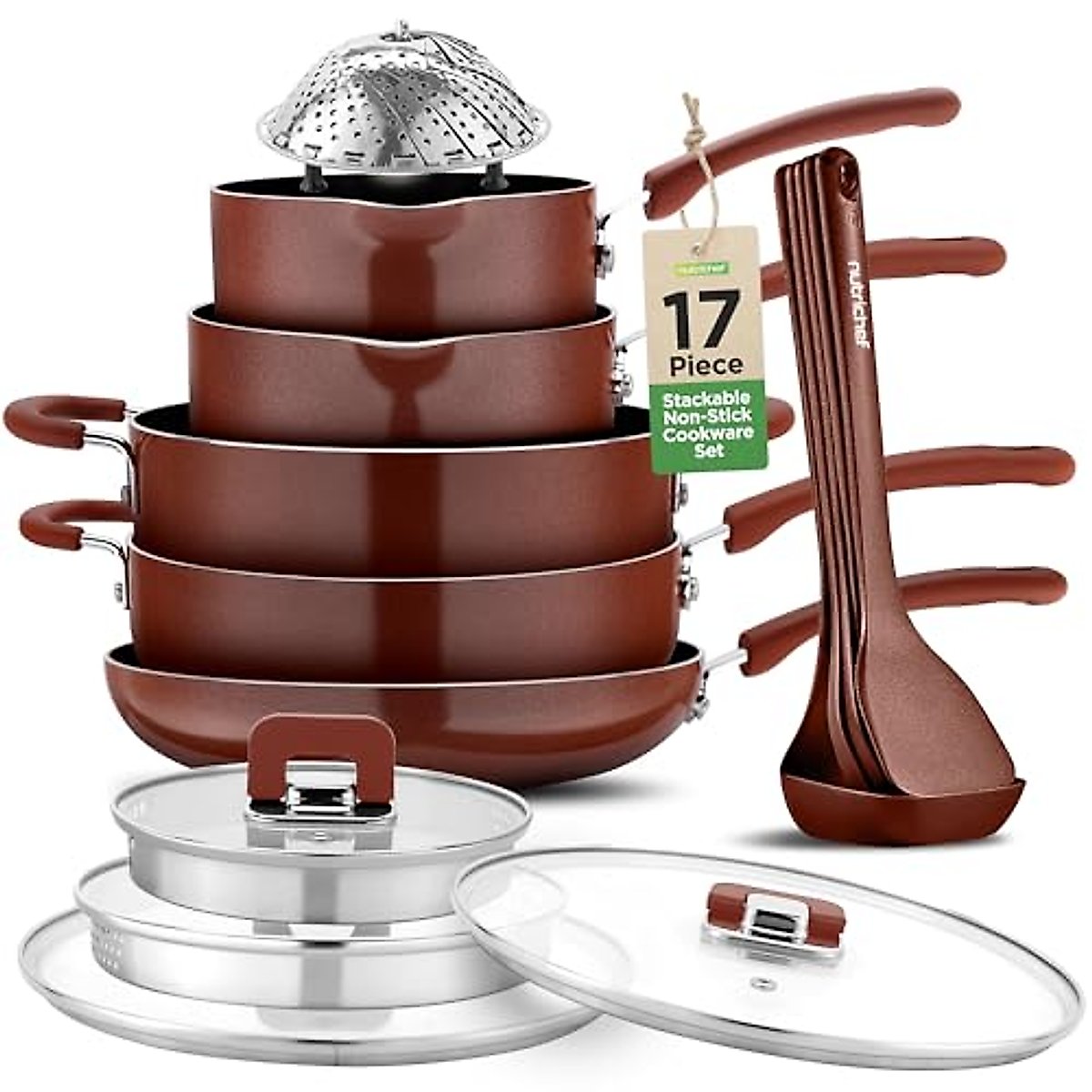 NutriChef Space Saver 17-Piece Nonstick Cookware Set - Brown Pots and Pans with Stackable Design, Foldable Handles, Induction Ready