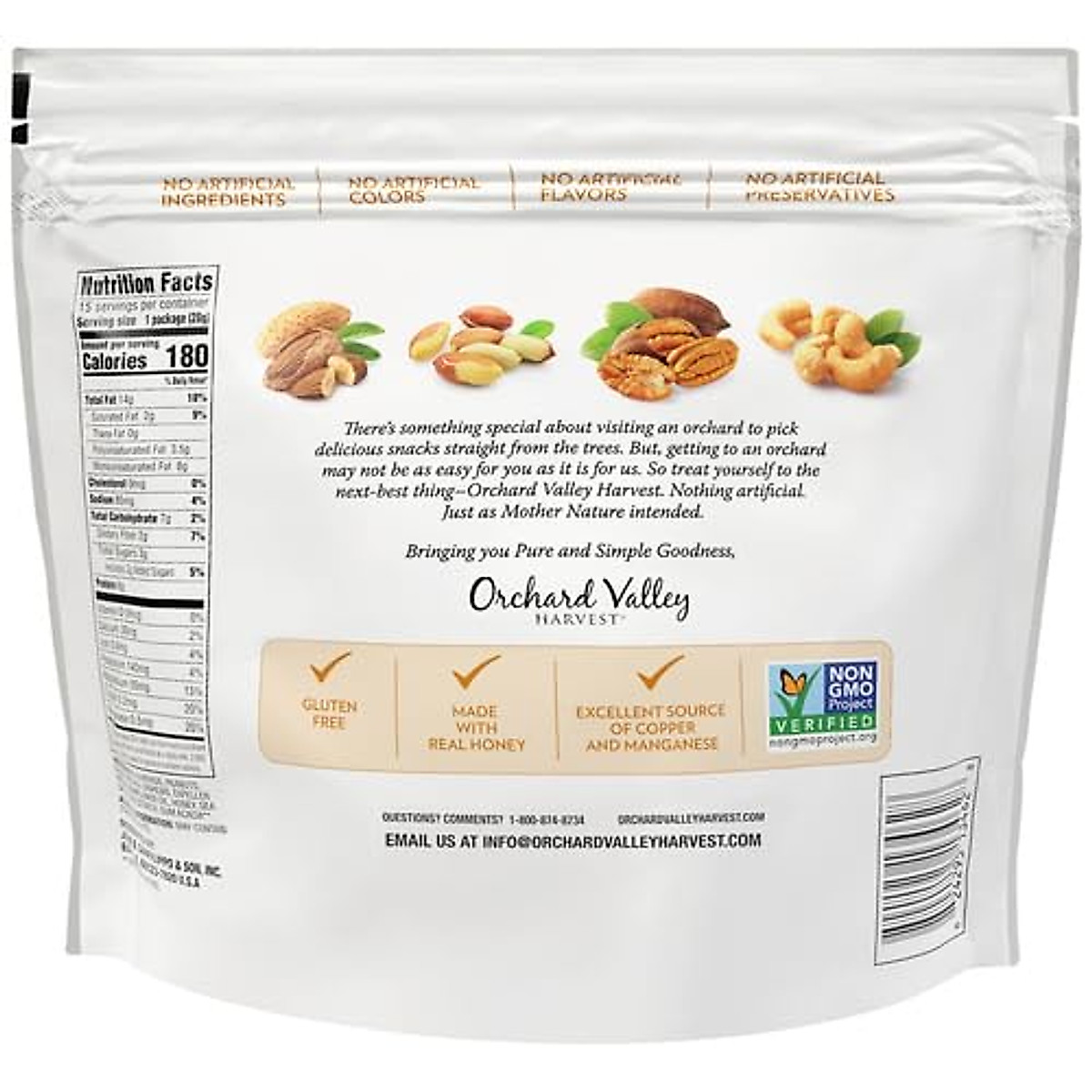 Orchard Valley Harvest Honey Roasted Mixed Nuts, 1 Ounce Bags (Pack of 15), Almonds, Peanuts, Pecans, and Cashews, Gluten Free, Non-GMO, No Artificial Ingredients