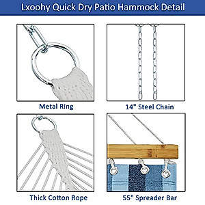 Lxoohy 12FT Quick Dry Double Size Outdoor Hammock with Bamboo Spreader Bar, 2 Person Hammock with Chains and Hooks for Patio Garden Poolside Backyard Beach use, 440 lbs Capacity, Blue Stripe