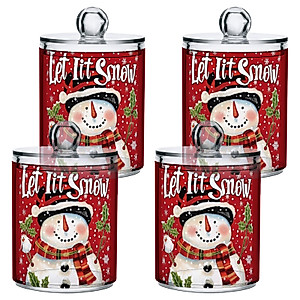 foixnub Christmas Red Snowman 2 Pcs Bathroom Organizer Snowflake Qtip Holder Organizer Dispenser Storage Canister Plastic Apothecary Jars Vanity Organizers for Cotton Swab Ball Pads Floss