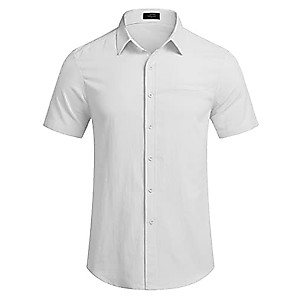 COOFANDY Men's Linen Shirt Lightweight Classic Fit Button Down Shirt Short Sleeve Beach Holiday Shirts with Pocket White