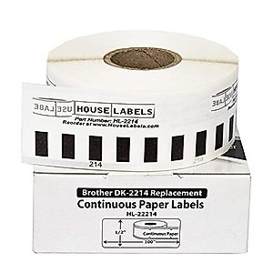 HOUSELABELS Compatible with DK-2214 Replacement Roll for Brother QL Label Printers; Continuous Length Labels; 1/2" 100 feet (12mm*30.48m) with 1 Reusable Cartridge - 6 Rolls