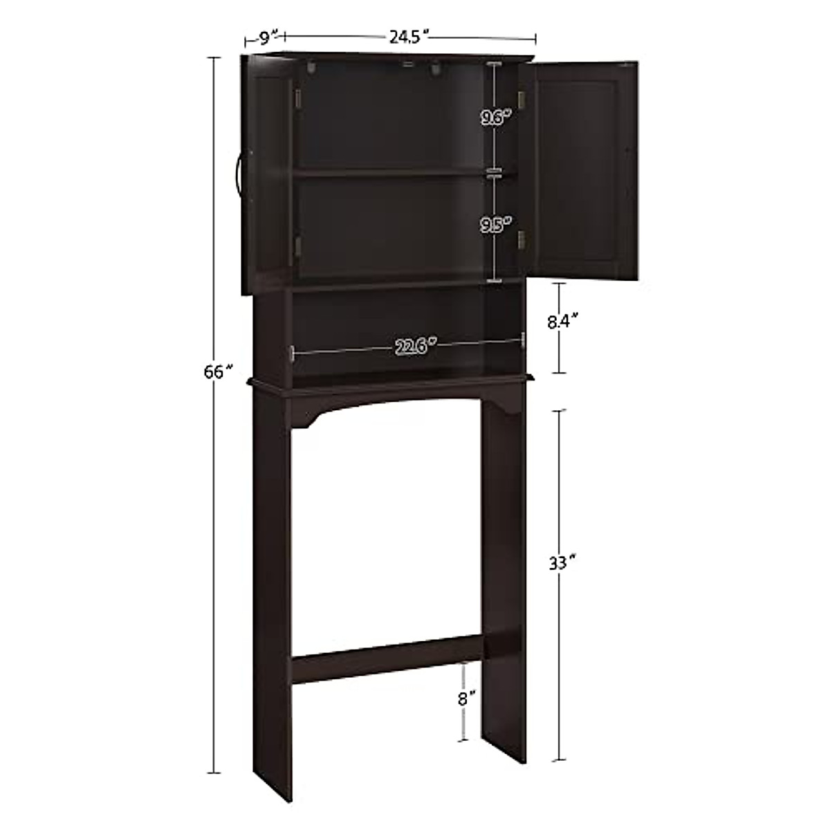 Topeakmart Over The Toilet Storage Cabinet Bathroom Organizer with Adjustable Shelf & Double Doors for Toilet, Home Space-Saving Furniture, L24.5xW9xH66 Inches, Espresso