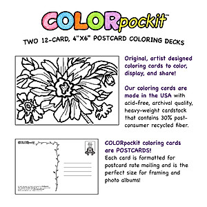 COLORpockit 4x6 Postcard Coloring Book Card Decks with Round & Round and Floral Fun. Refills for COLORpockit Complete Portable Coloring kit. Contains Two 12-Card Coloring Decks.