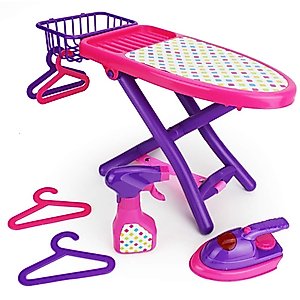 Boley Pretend Play Laundry Playset - 8-Piece Pink and Purple Toy Ironing Board Set with Realistic Lights & Sounds Iron, Working Spray Bottle, Hangers, and Storage Basket for Kids and Toddlers