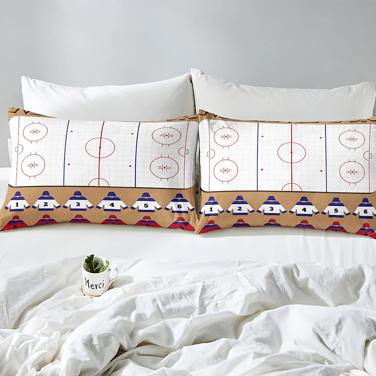 Ice Hockey Kids Fitted Sheet Twin Size,Abstract Ice Hockey Field Bedding Set,Boys Adults Bedroom Decor,Sportswear Winter Games Bed Cover,Stylish Brown Modern Bed Sheet,2pcs,1 Pillowcase