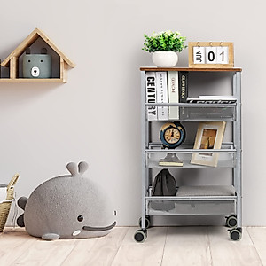 NORCEESAN Kitchen Cart 4 Tier Island Rolling Cart with Wood Shelf Serving Cart on Wheels for Bathroom Mesh Rolling Carts Industrial Storage Cart for Bedroom Living Room, Modern Silver