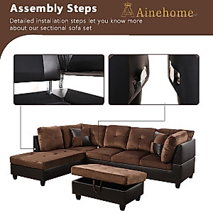 A Ainehome Sectional Sofa Set for Living Room, L Shape Sectional Couch with Large Storage Ottoman for Apartment, Living Room Furniture Set for Home (Left Hand Facing, B-Chocolate)