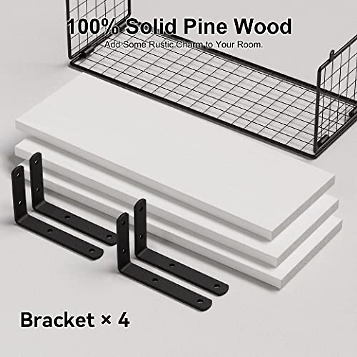 WOPITUES Bathroom Shelves Over Toilet, Floating Wall Mounted with Wire Basket, Wood Floating Shelf for Wall Décor, Bathroom Wall Décor Shelves–White