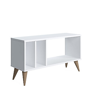 Ruumstore Norm TV Stand 35'', with 3 Open Shelves, TV Stand for Media, Natural Wooden Legs, Opaque White