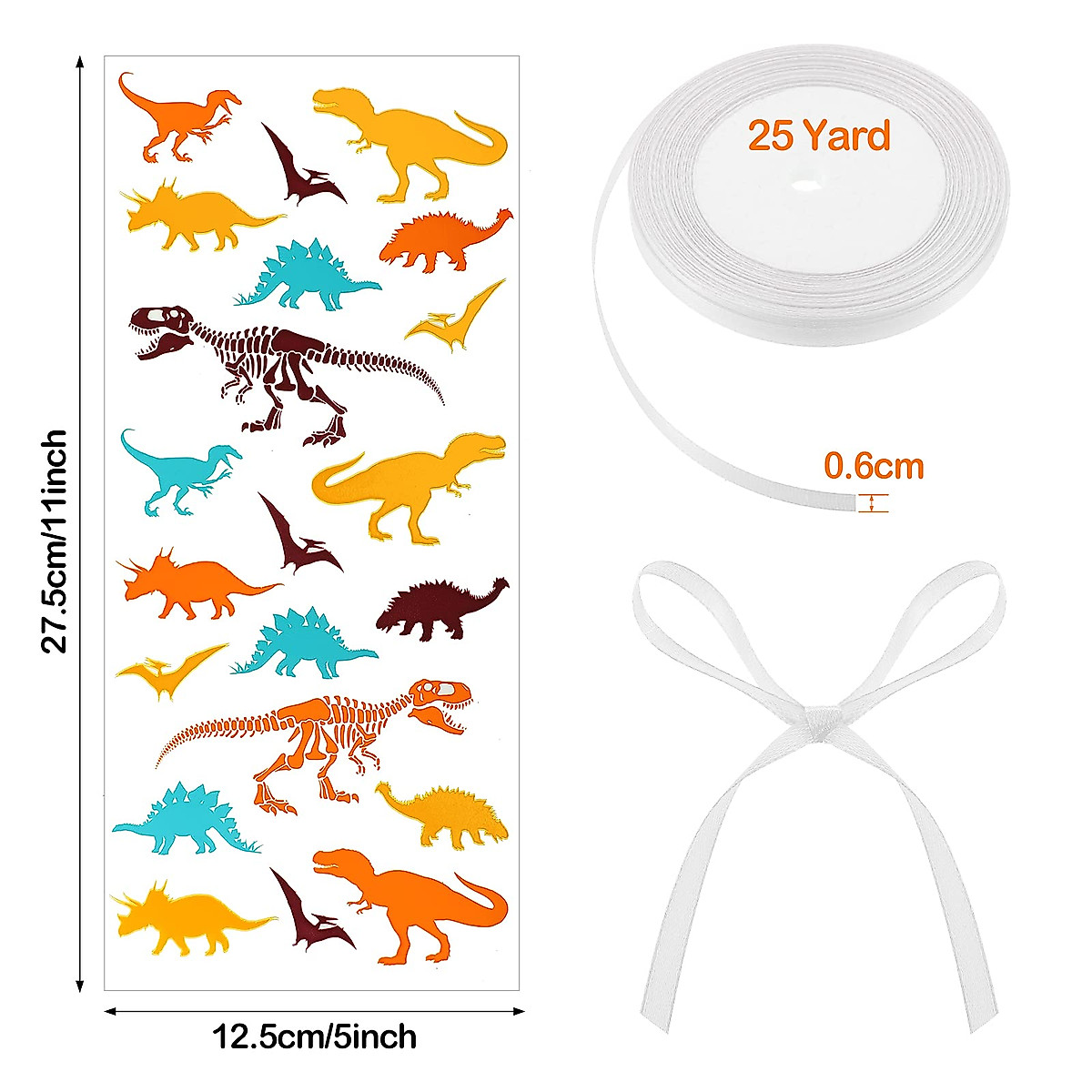 Outus 100 Pieces Dinosaur Cellophane Bags Clear Dinosaur Skeleton Bags Party Favors Bags with A Roll of Ribbon for Chocolate Candy Snacks Cookies Dinosaur Themed Party Supplies (Mixed Colors)