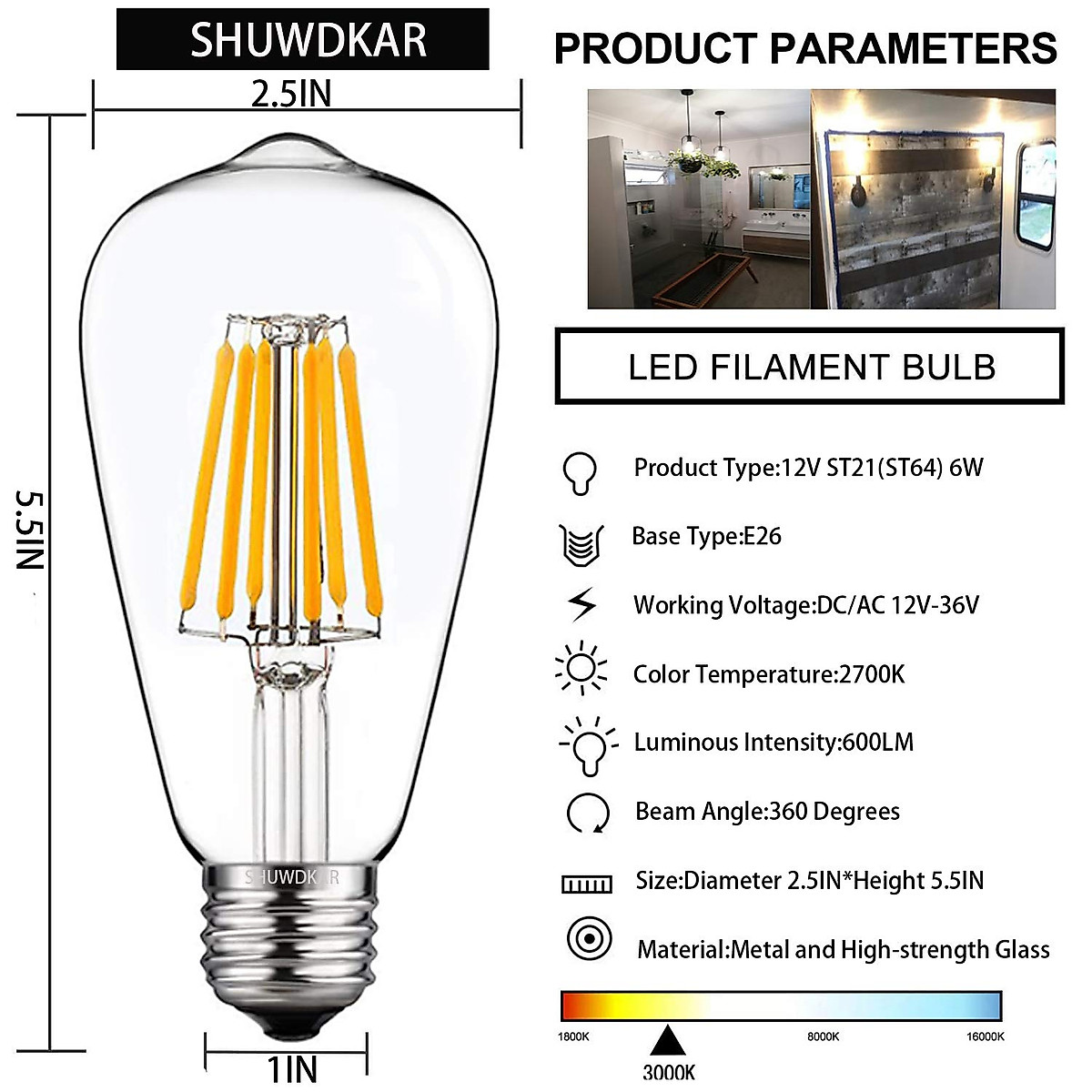 SHUWDKAR LED Light Bulbs DC 12V 6W E26 ST64 Low Voltage Bulb RV Camper Warm White 2700K Vintage Clear Glass Filament Edison Bulbs Equivalent 75W Halogen Marine Boat Solar 12V Battery Lighting,2 Pack
