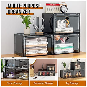 KEFA XL Shoe Storage Box Organizer, 8 Pack Shoe Boxes Clear Plastic Stackable, Sneaker Display Case Container Fit for US 13 (Side 8 PACK BLACK)