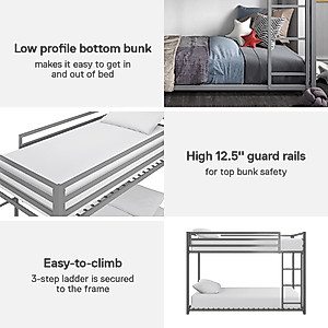 DHP Miles Metal Bunk Bed, Silver, Twin over Twin