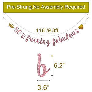 50 & Fucking Fabulous Banner, Pre-Strung, No Assembly Required, Funny Rose Gold Paper Glitter Party Decorations for 50th Birthday Party Supplies, Letters Rose Gold,ABCpartyland